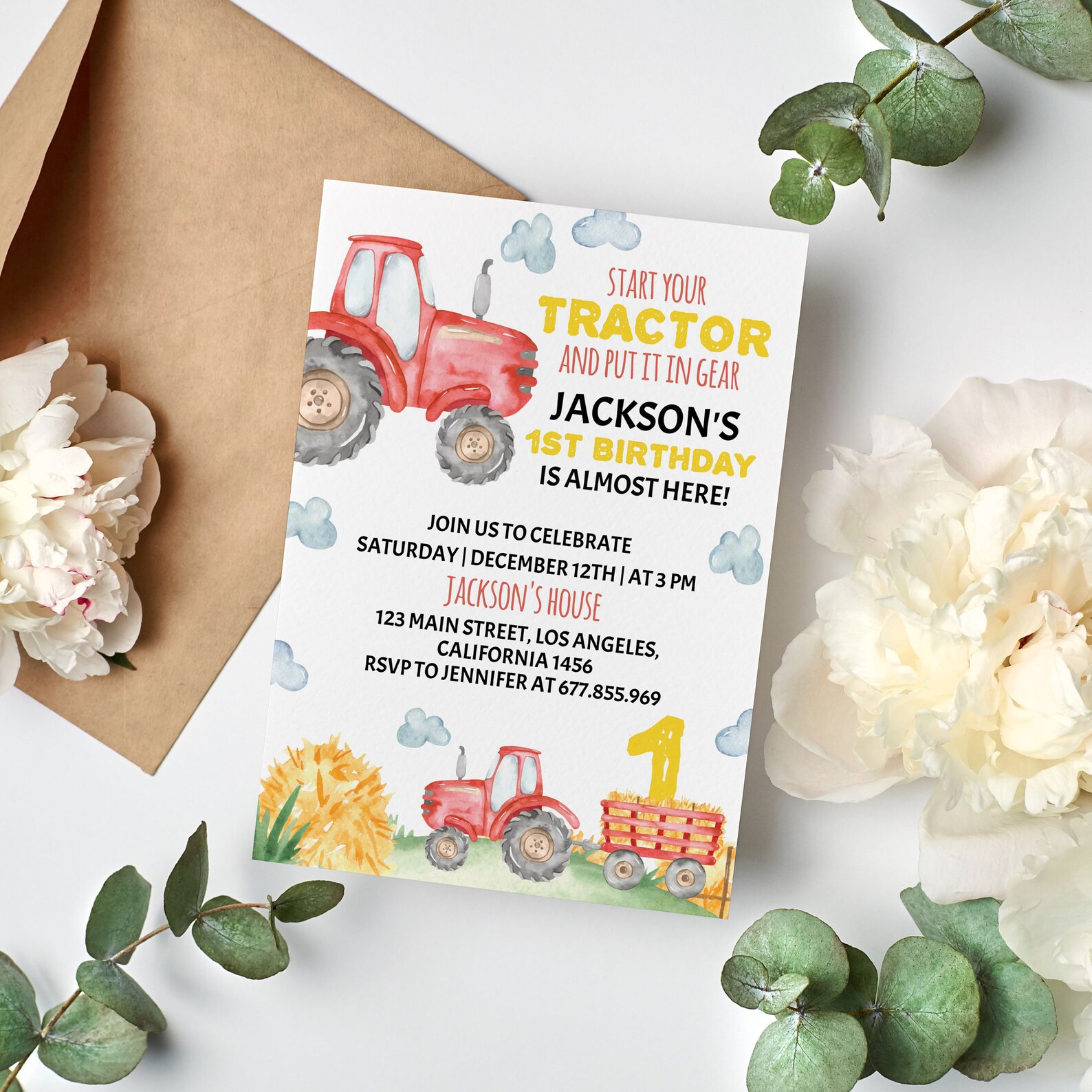 EDITABLE Tractor Birthday Invitation, Red Tractor Invitation, Boy 1st ...