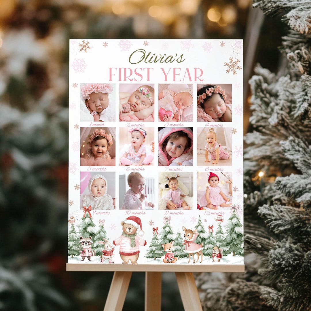 Editable Winter Onederland 1st Year Photo Collage, Woodland Birthday 12 ...