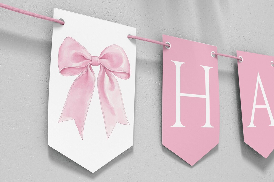 Editable Pink Bow Birthday Banner, Blush Pink Party Decor Banner, 1st ...