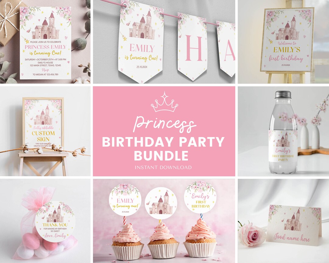 Editable Princess Party Invitation Bundle, Royal 1st Birthday Party Kit ...