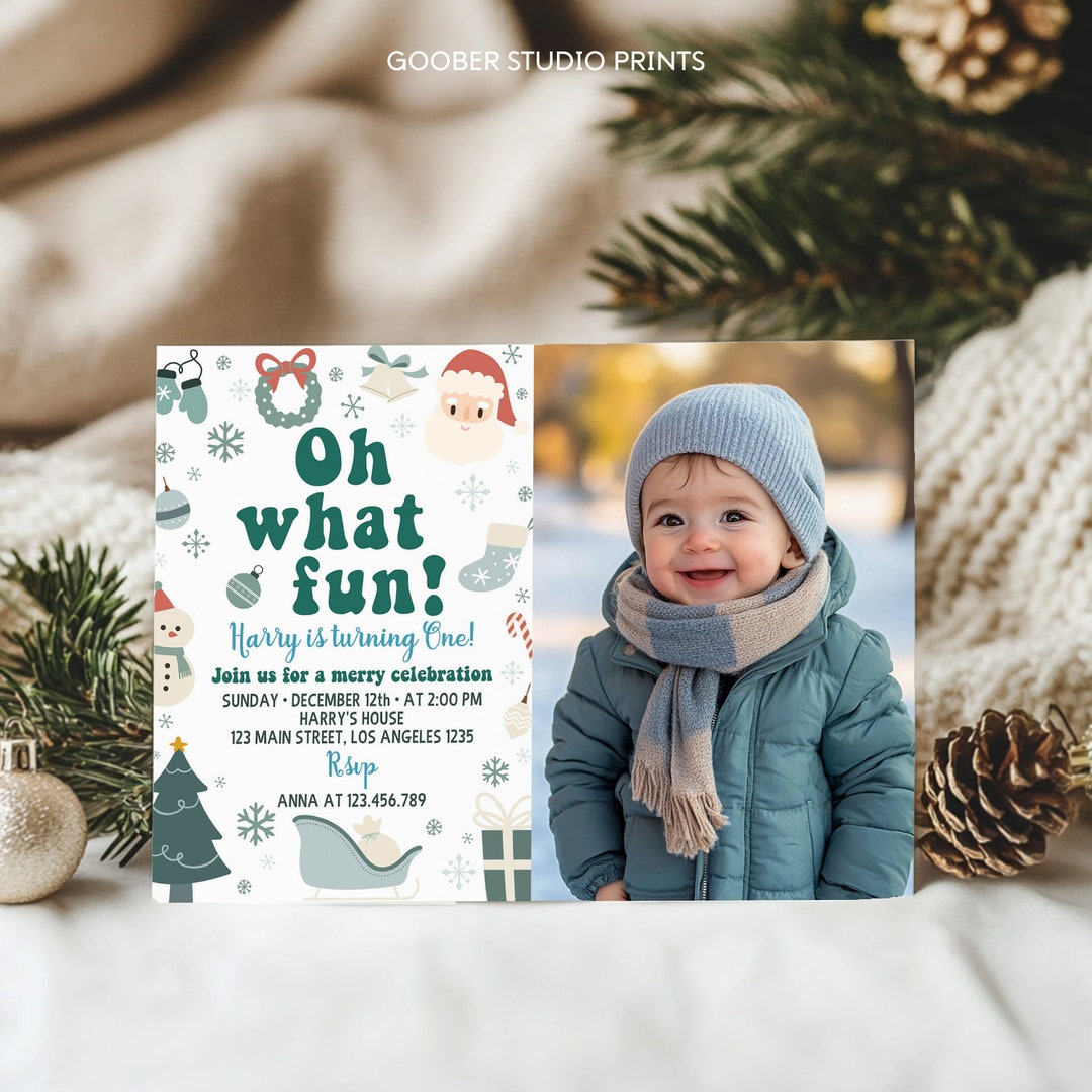 EDITABLE Christmas First Birthday Invitation, Oh What Fun It is to Be ...