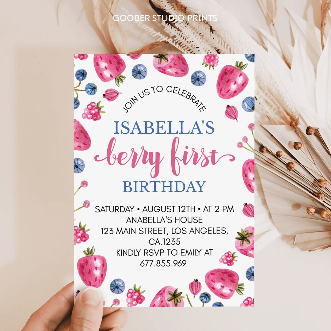 Editable Berry First Birthday Invitation, Strawberry 1st Birthday ...