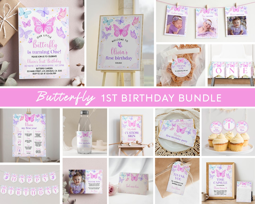 Editable Butterfly Birthday Invitation Bundle, Butterfly 1st Birthday ...