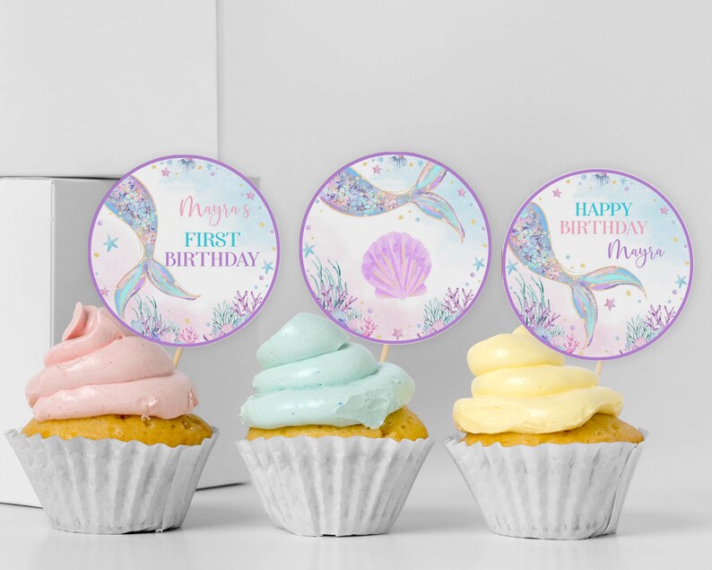 Editable Mermaid Birthday Cupcake Toppers, Under the Sea Birthday Party ...