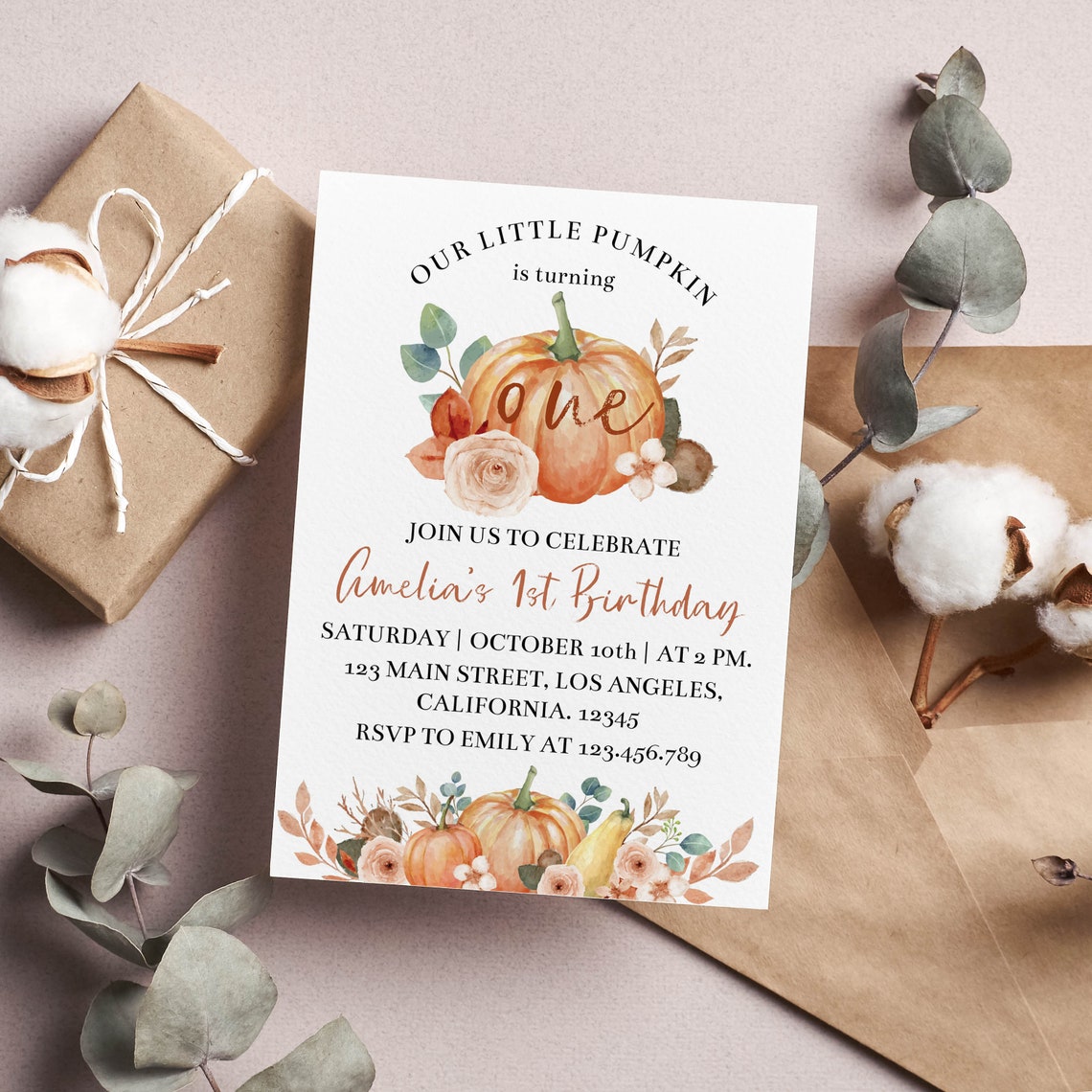 EDITABLE Pumpkin 1st Birthday Invitation Floral Pumpkin Party - Etsy