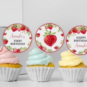 Editable Strawberry Birthday Party Cupcake Topper, Berry Sweet Cake ...