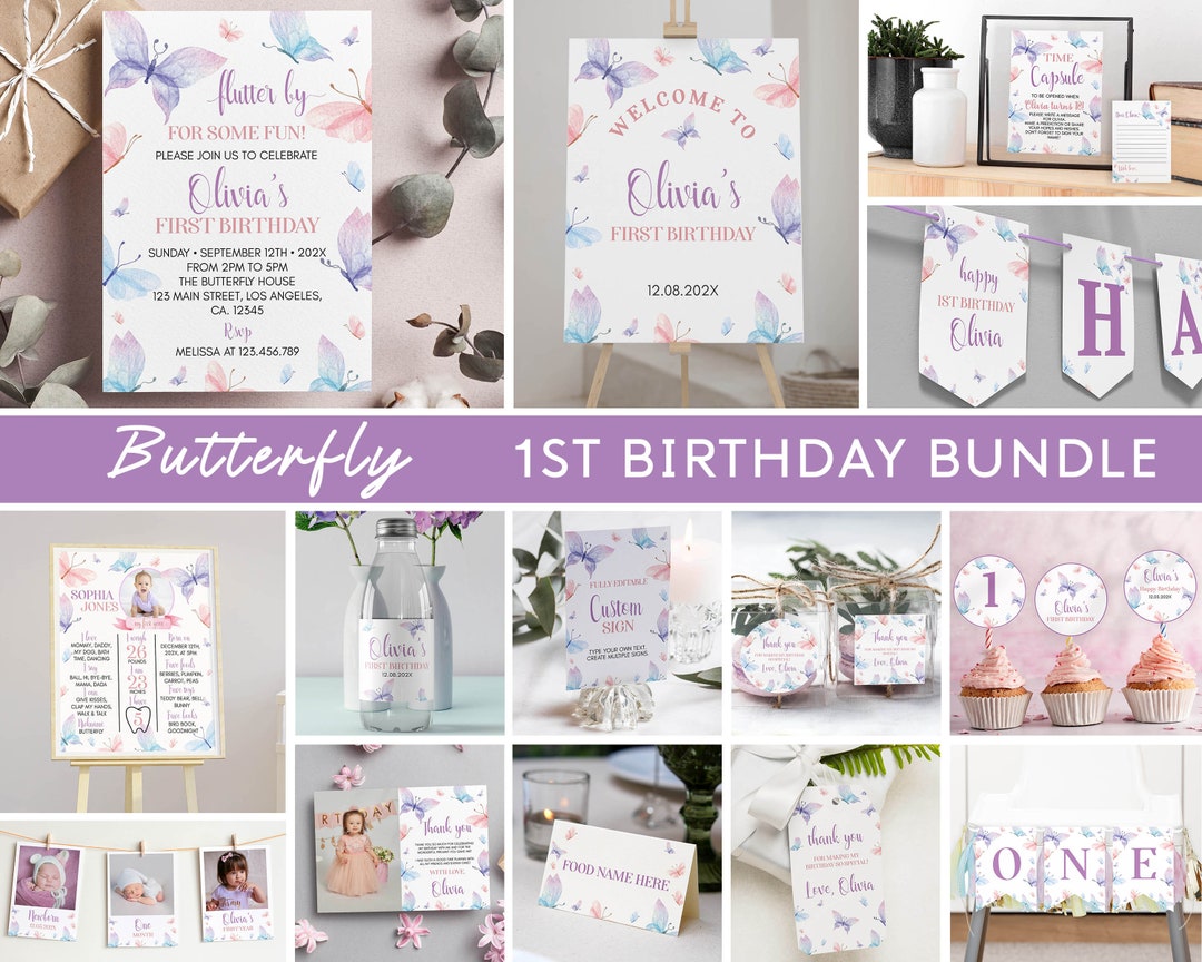 Editable Butterfly Birthday Invitation Bundle | Floral 1st Birthday ...