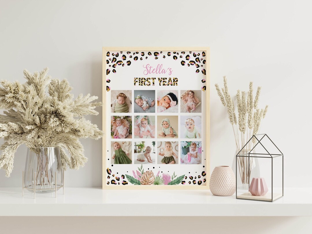 Editable Leopard Print 1st Year Photo Collage, Wild One First Birthday ...