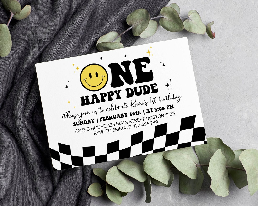One Happy Dude Invitation Smiley Face Birthday Invitation - Etsy