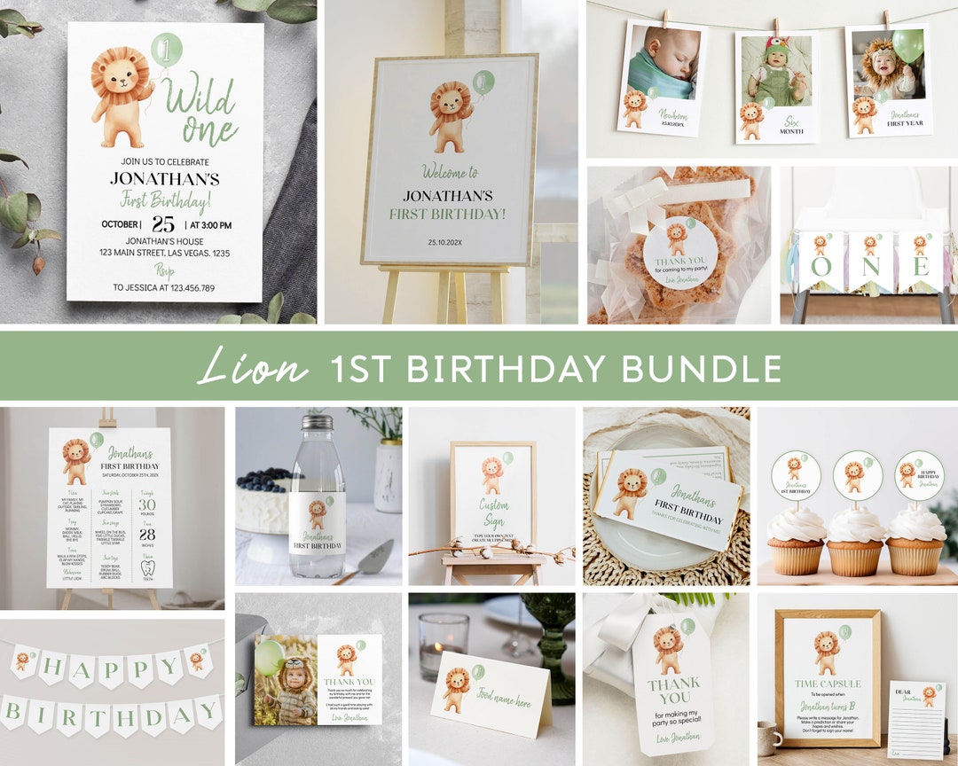 Editable Lion 1st Birthday Party Decor Kit, Lion Birthday Invitation ...
