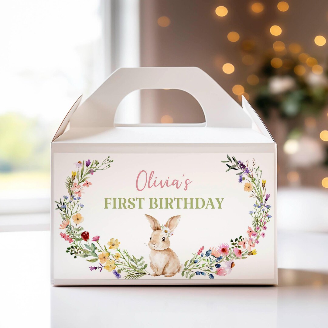EDITABLE Wildflower Birthday Party Gable Gift Box Label, Bunny Favor ...