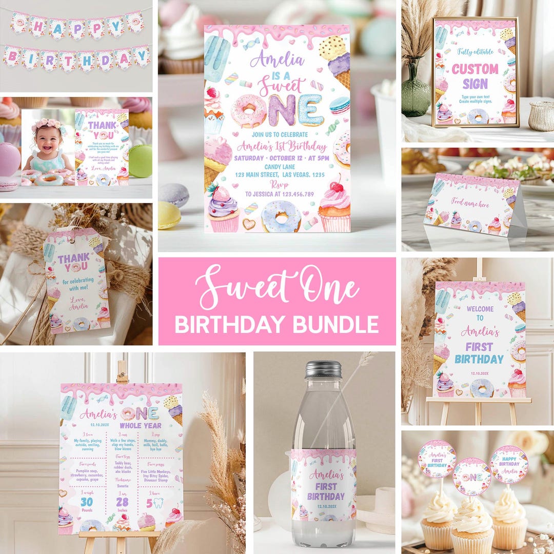 Editable Sweet One First Birthday Invitation Bundle, Donut 1st Birthday ...