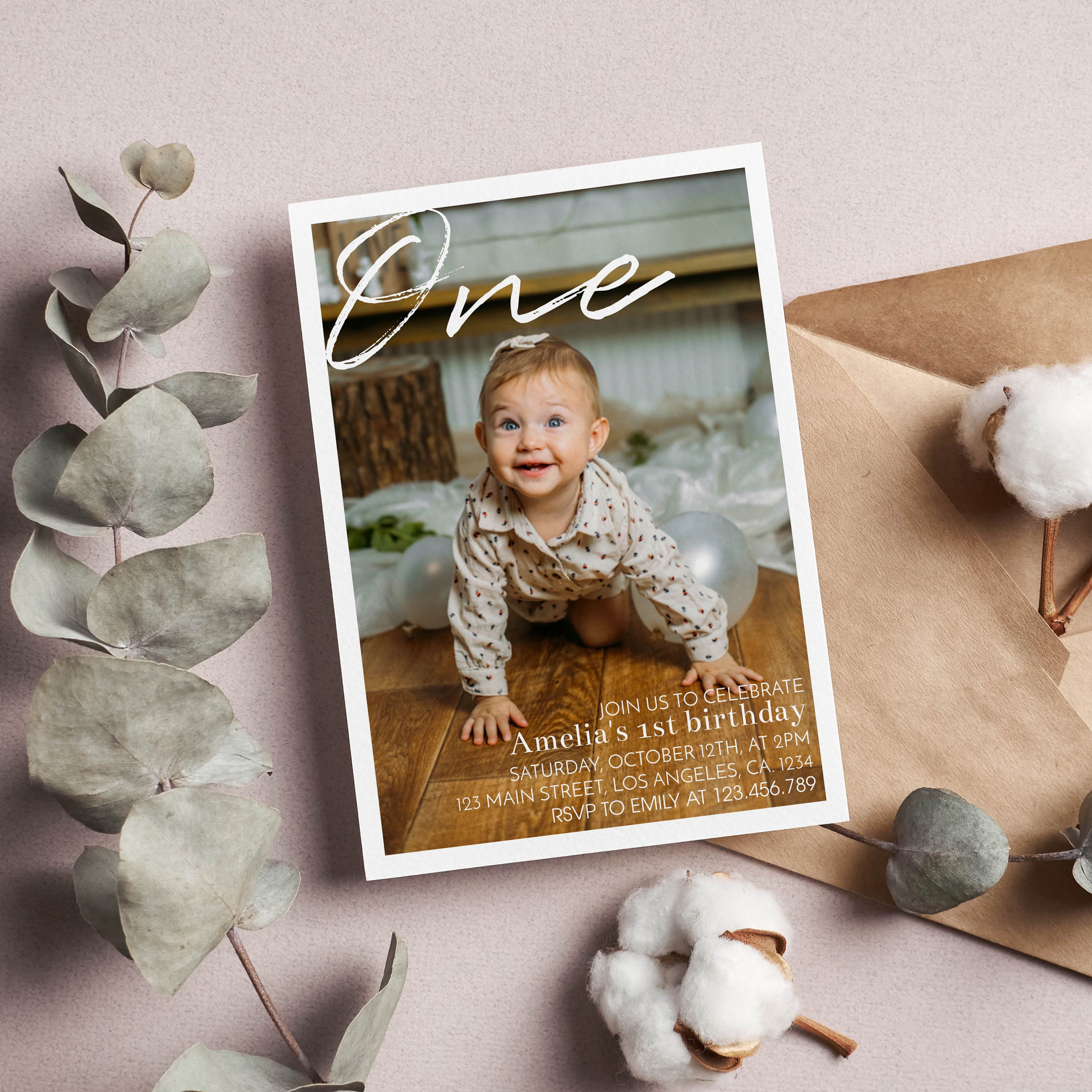 Minimalist First Birthday Invitation, Modern 1st Birthday Invite, Photo ...