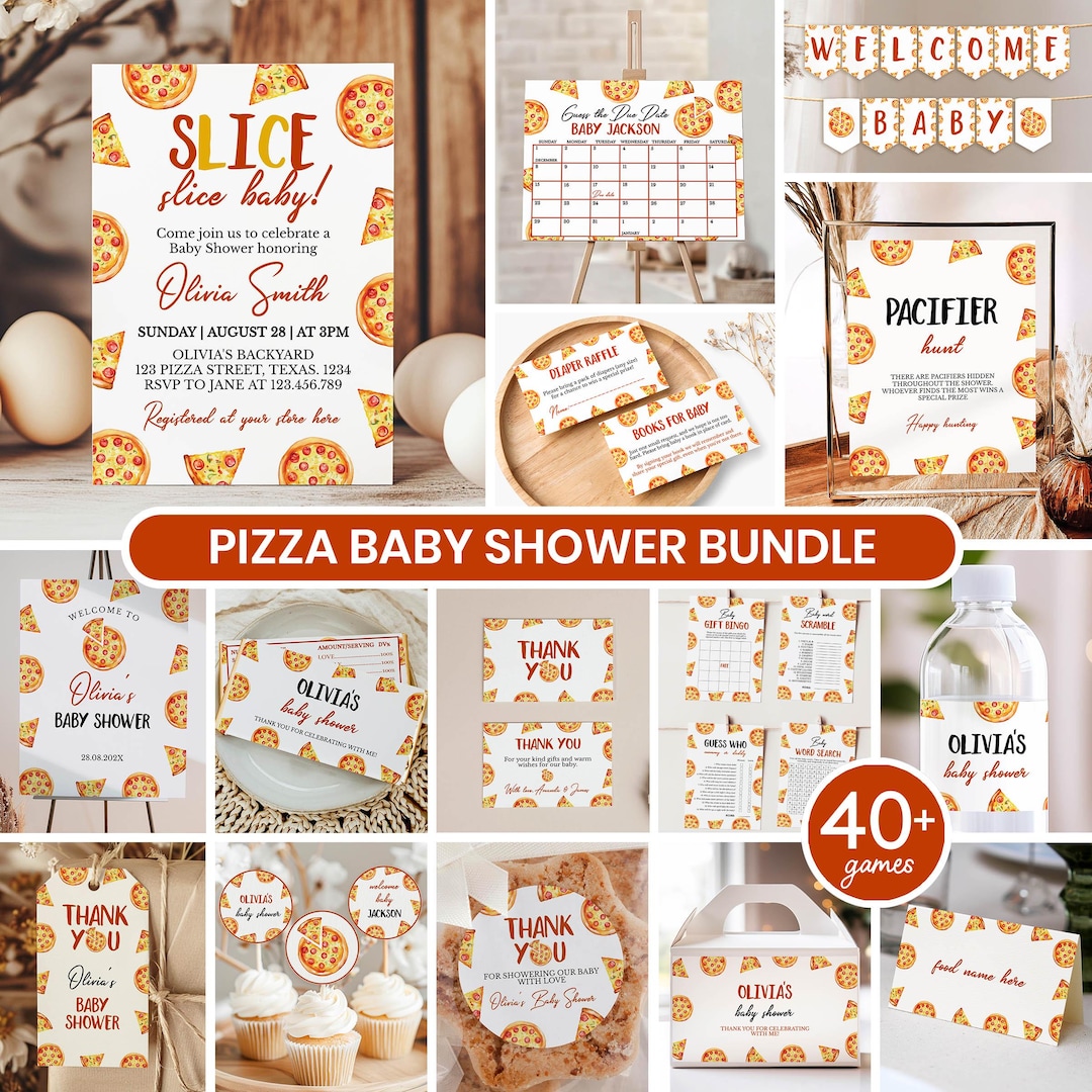 Pizza Baby Shower Bundle Printable | Slice Baby Invite, Games, Signs ...