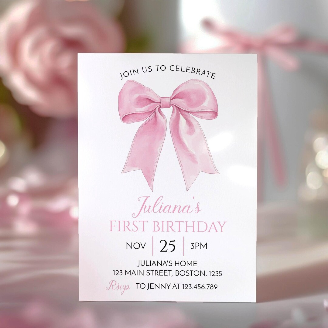 EDITABLE Pink Bow Birthday Invitation, Blush Pink Ribbon Birthday ...