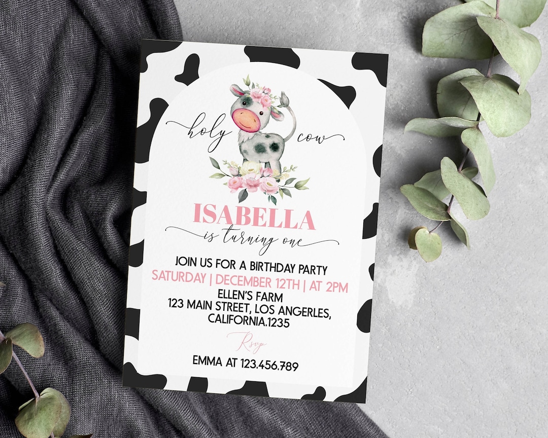 EDITABLE Holy Cow I'm One Invitation, Cow First Birthday Invitation ...