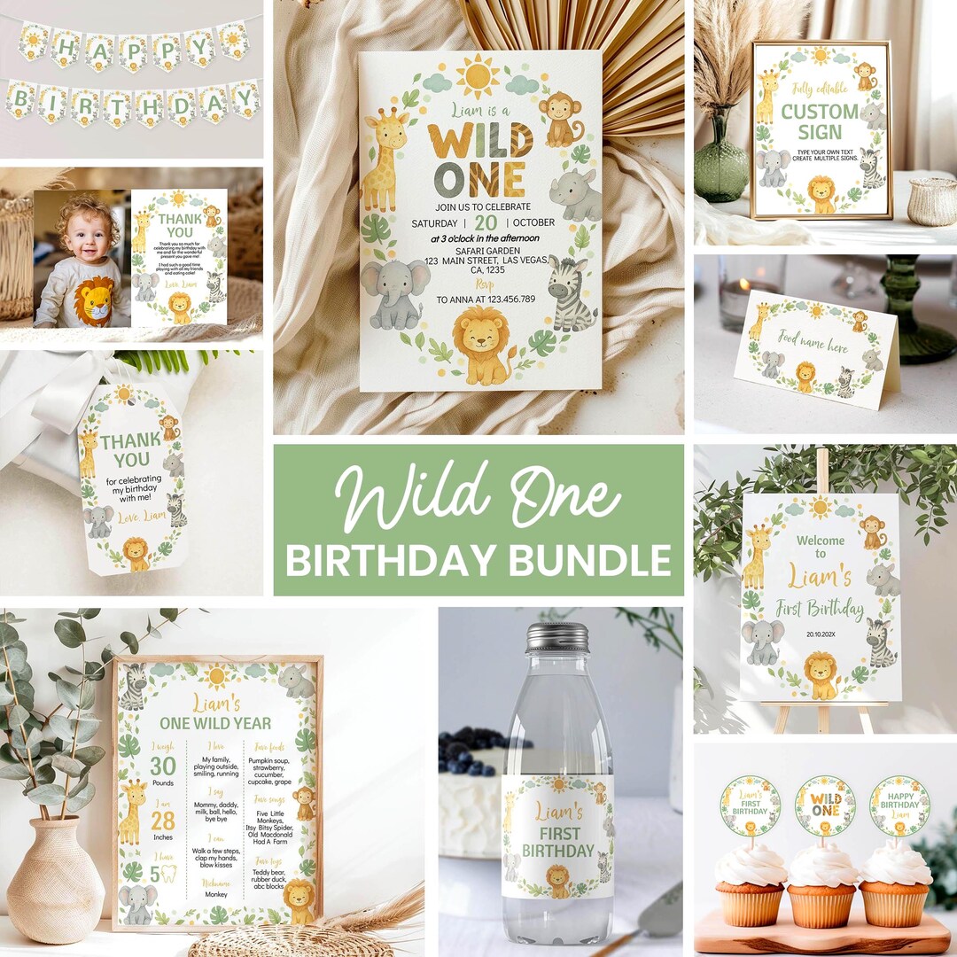 Editable Wild One 1st Birthday Bundle, Safari Birthday Invitation ...