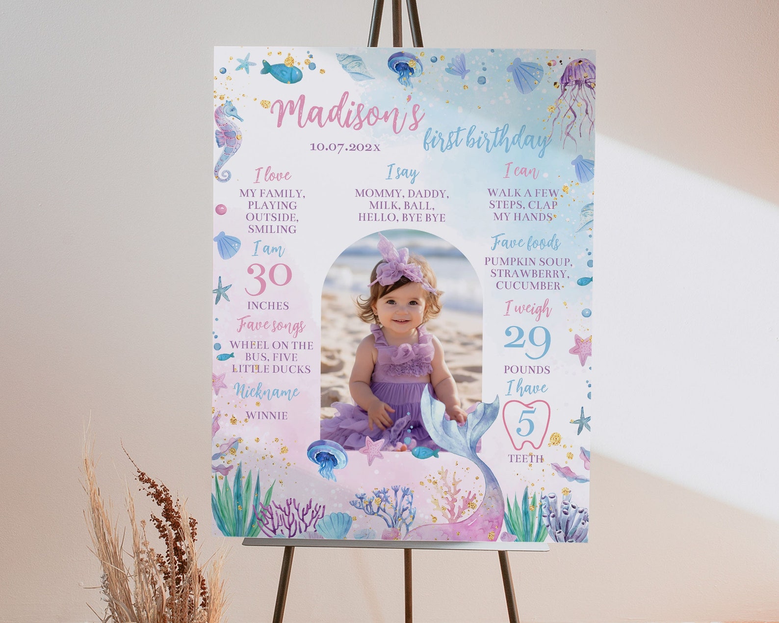 EDITABLE Mermaid Milestone Photo Poster, Mermaid 1st Birthday ...