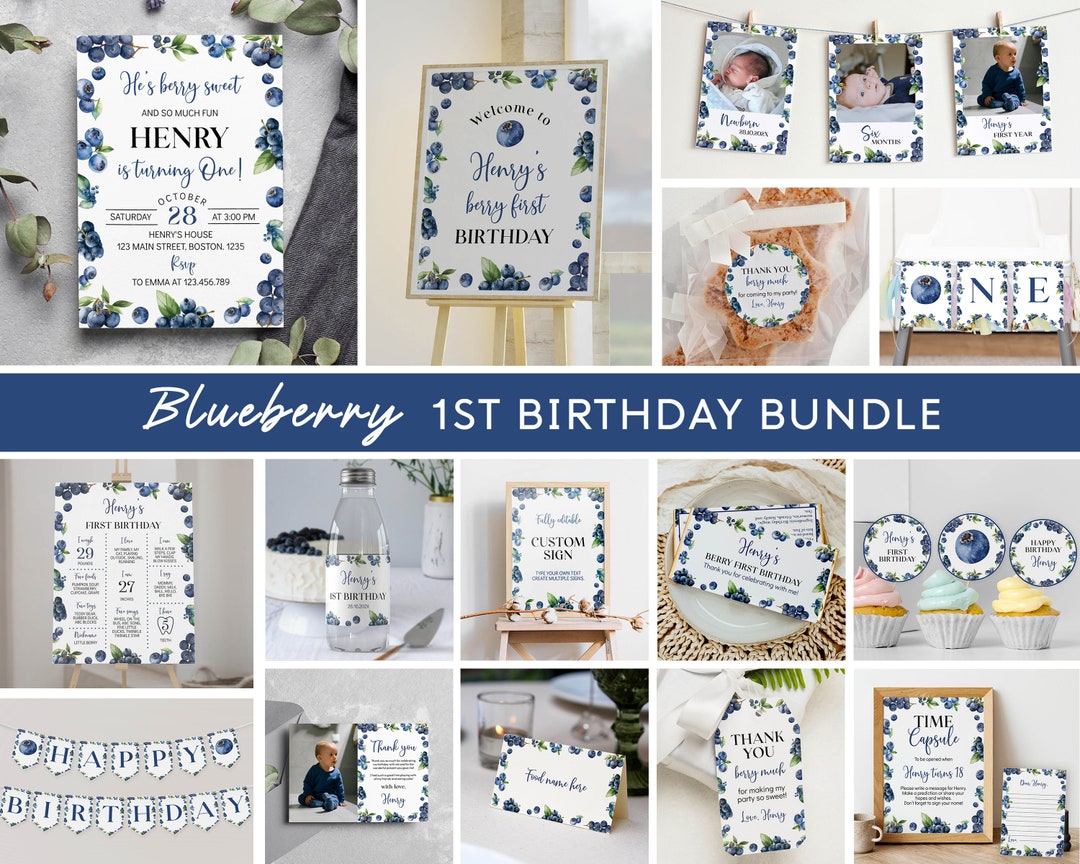Editable Blueberry First Birthday Invitation Bundle, Berry Sweet ...