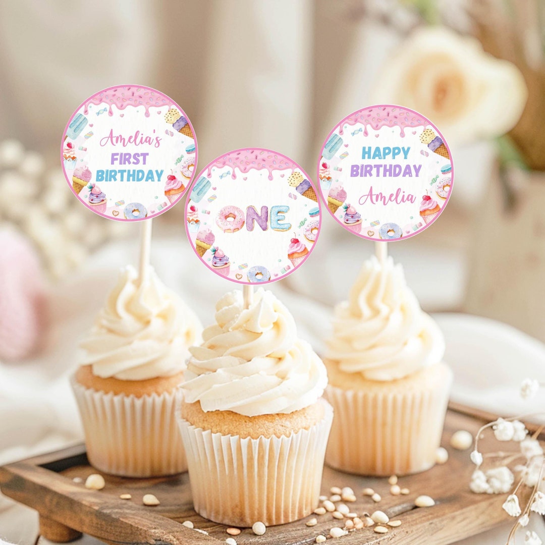 Editable Sweet One Birthday Cupcake Toppers, Girls Birthday Cupcake ...