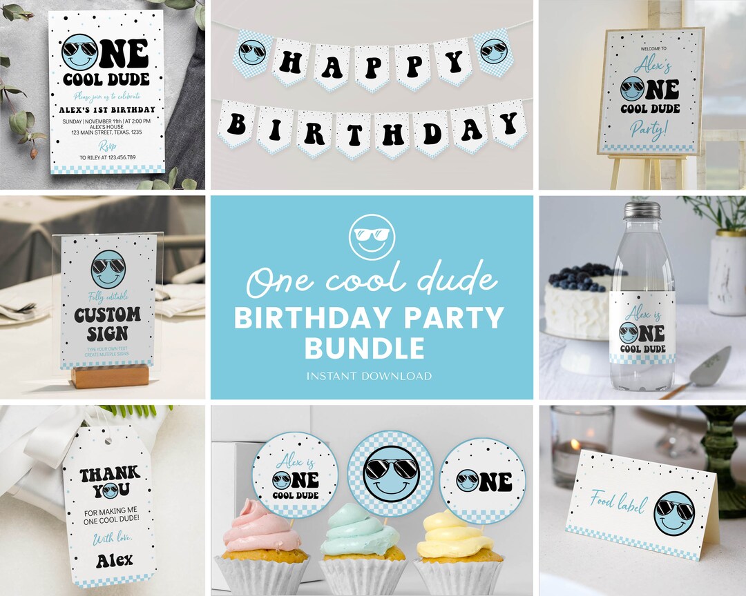 Editable One Cool Dude 1st Birthday Invitation Bundle Smiley - Etsy