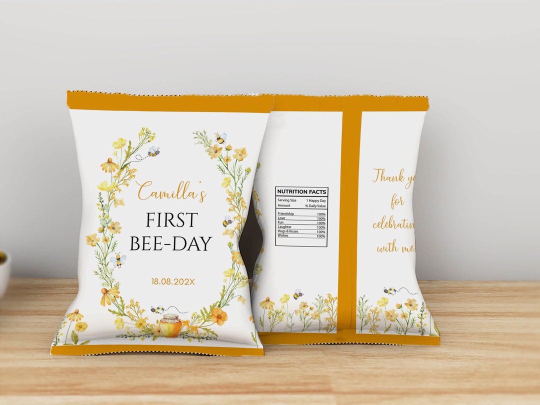 EDITABLE Bee Favor Chip Bag, Bee Birthday Party Snack Bag, First Bee ...