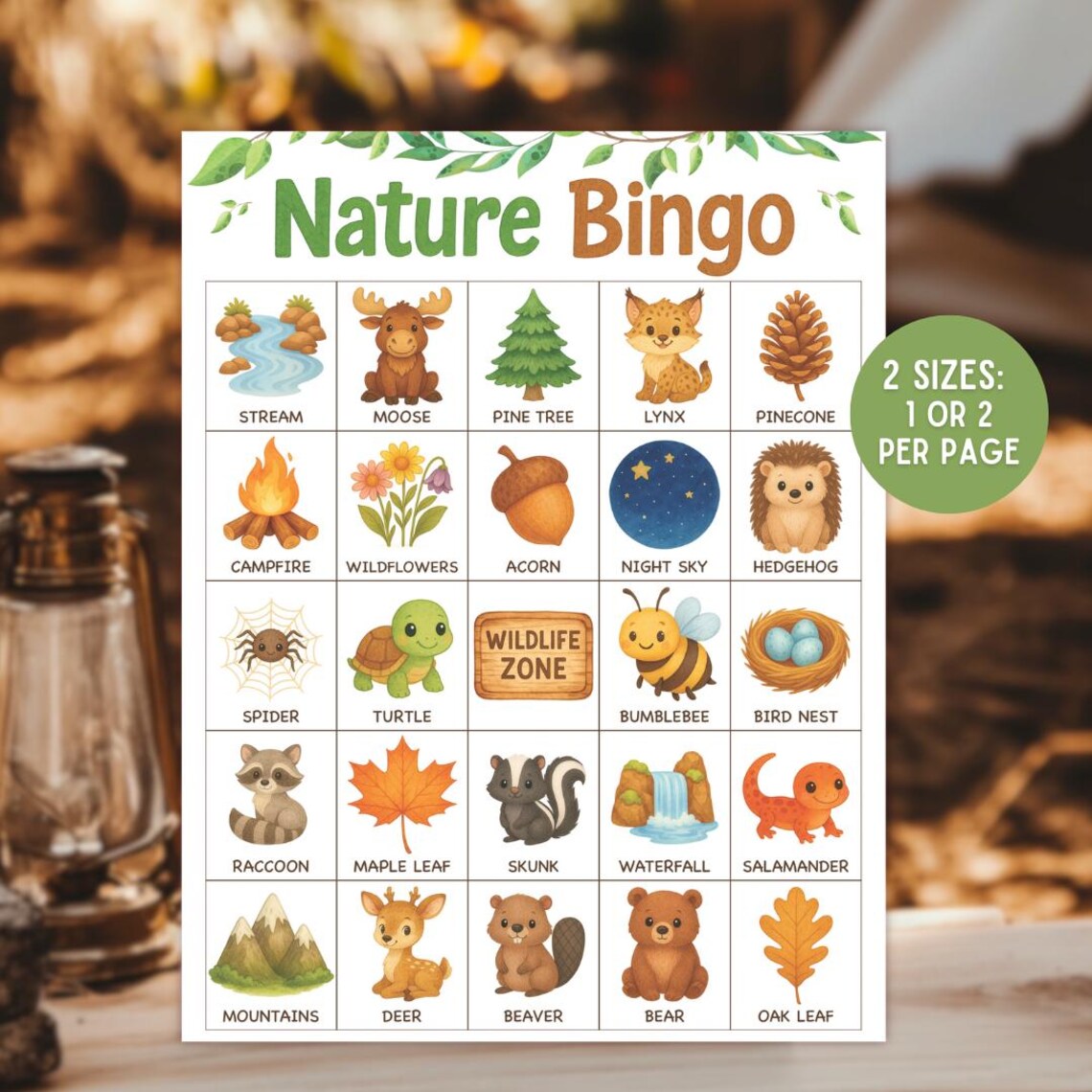 Nature Bingo Game Printable Set, 50 Unique Camping Bingo Cards, Cute ...