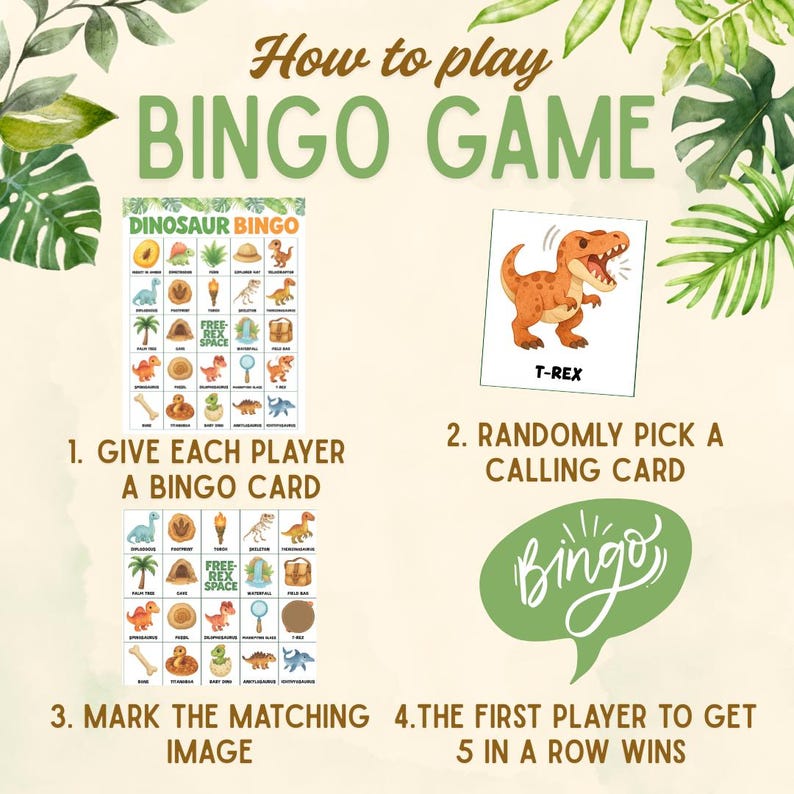 Dinosaur Bingo Game | Dinosaur Birthday Bingo Cards | Fun Dinosaur ...