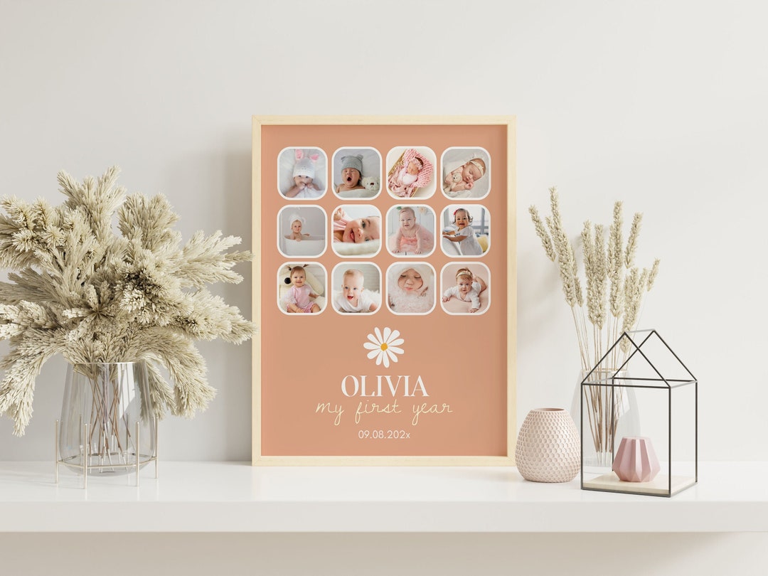 Editable First Year Photo Collage, 12 Months Photo Print, Daisy First ...
