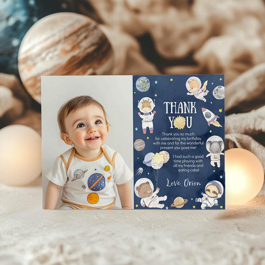 EDITABLE Outer Space Thank You Card, Astronaut Birthday Photo Thank You ...