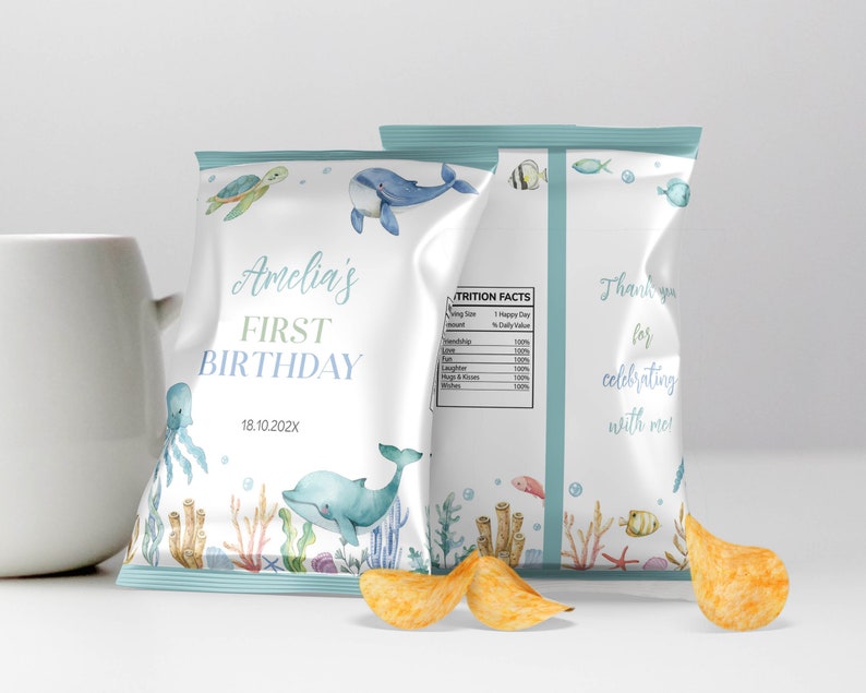 EDITABLE Under the Sea Birthday Chip Bags, Ocean First Birthday Snack ...