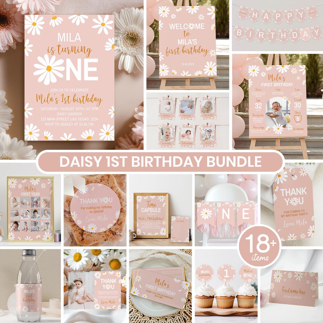 Editable Daisy First Birthday Invitation Bundle, Daisy Birthday Party ...