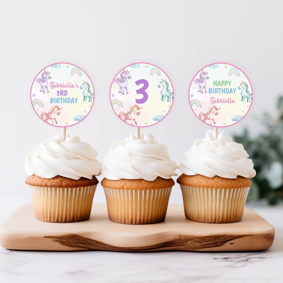 Editable Unicorn Birthday Cupcake Topper, Pastel Unicorn & Rainbow ...