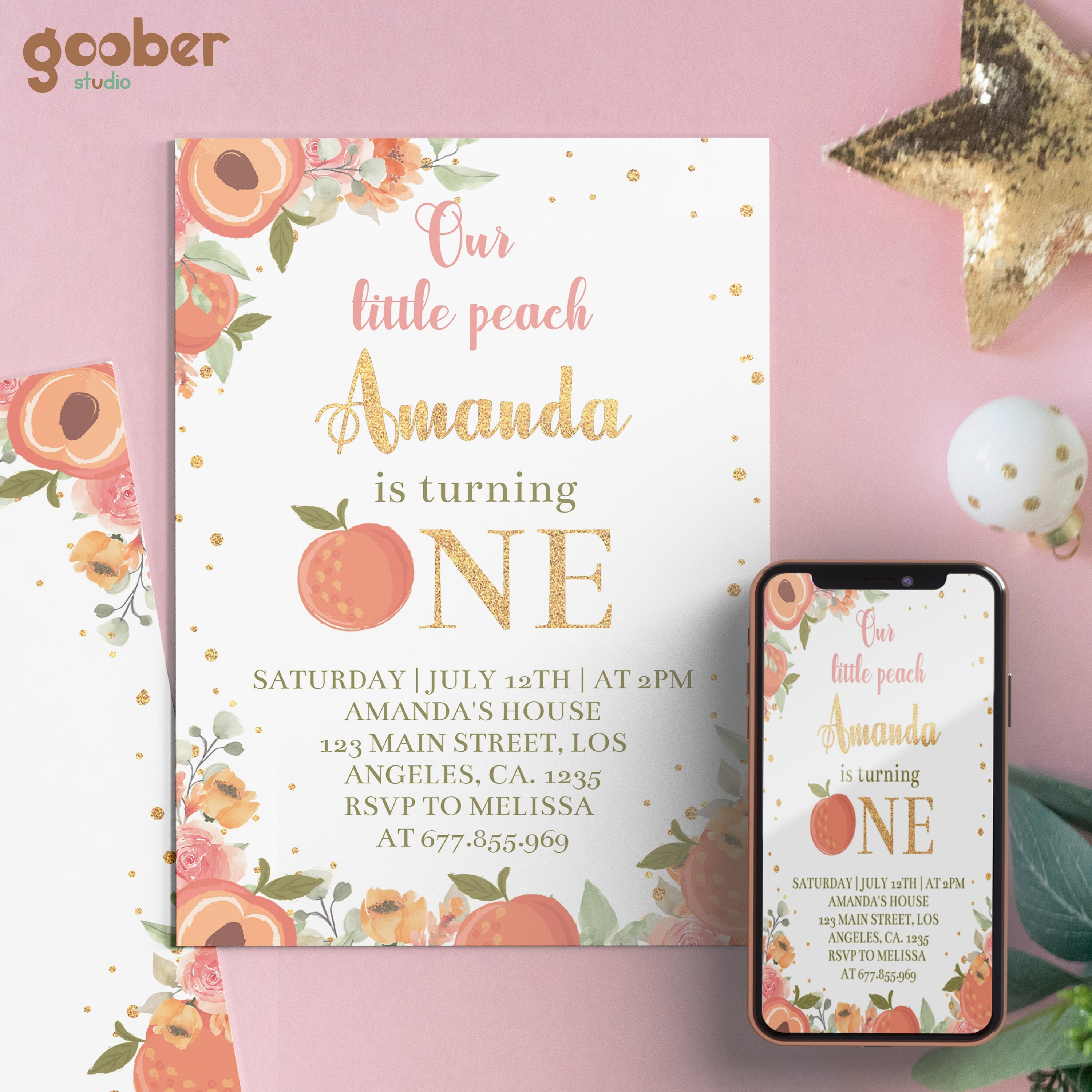 EDITABLE Peach Birthday Invitation Peach 1st Birthday Invite - Etsy