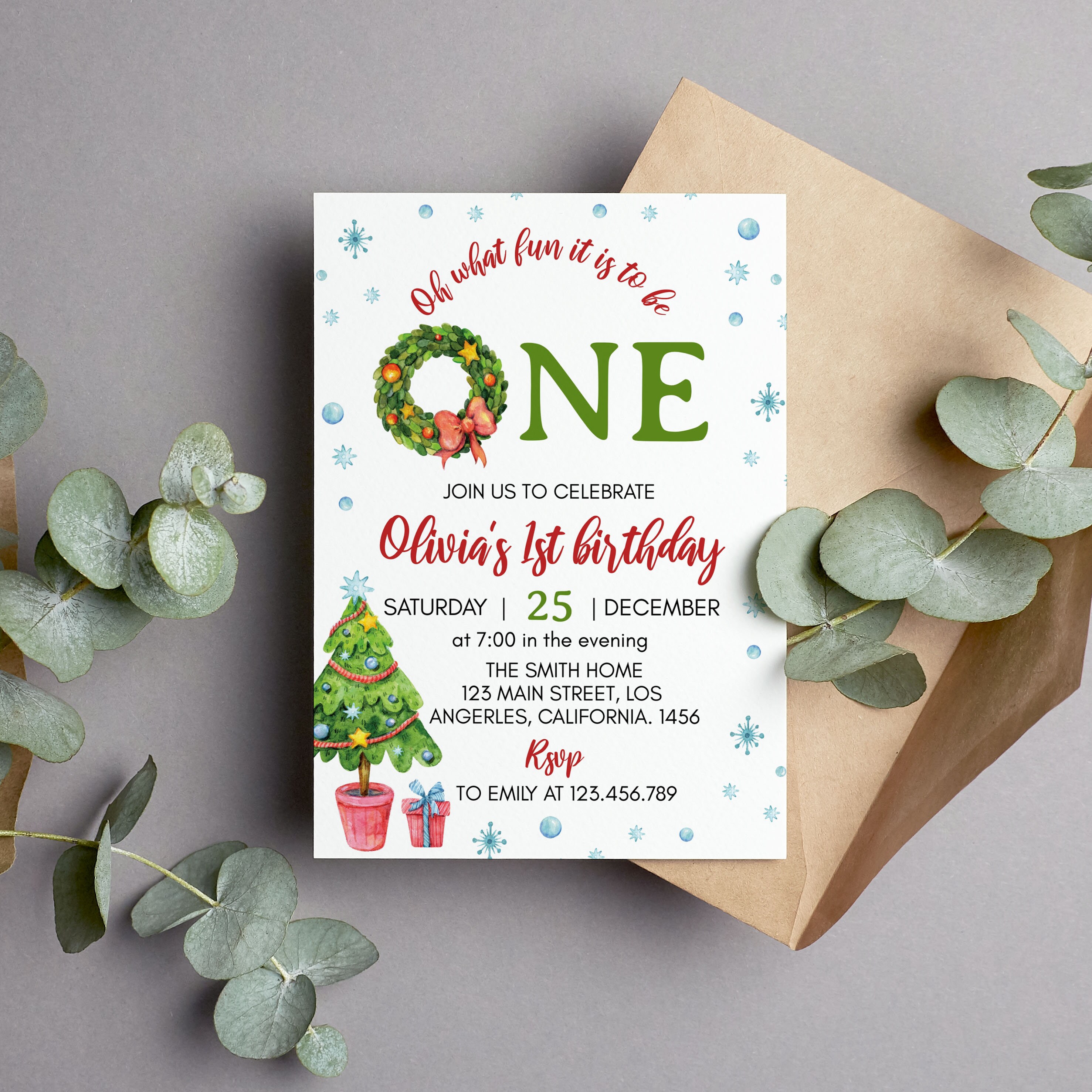 EDITABLE Christmas First Birthday Invitation Oh What Fun - Etsy