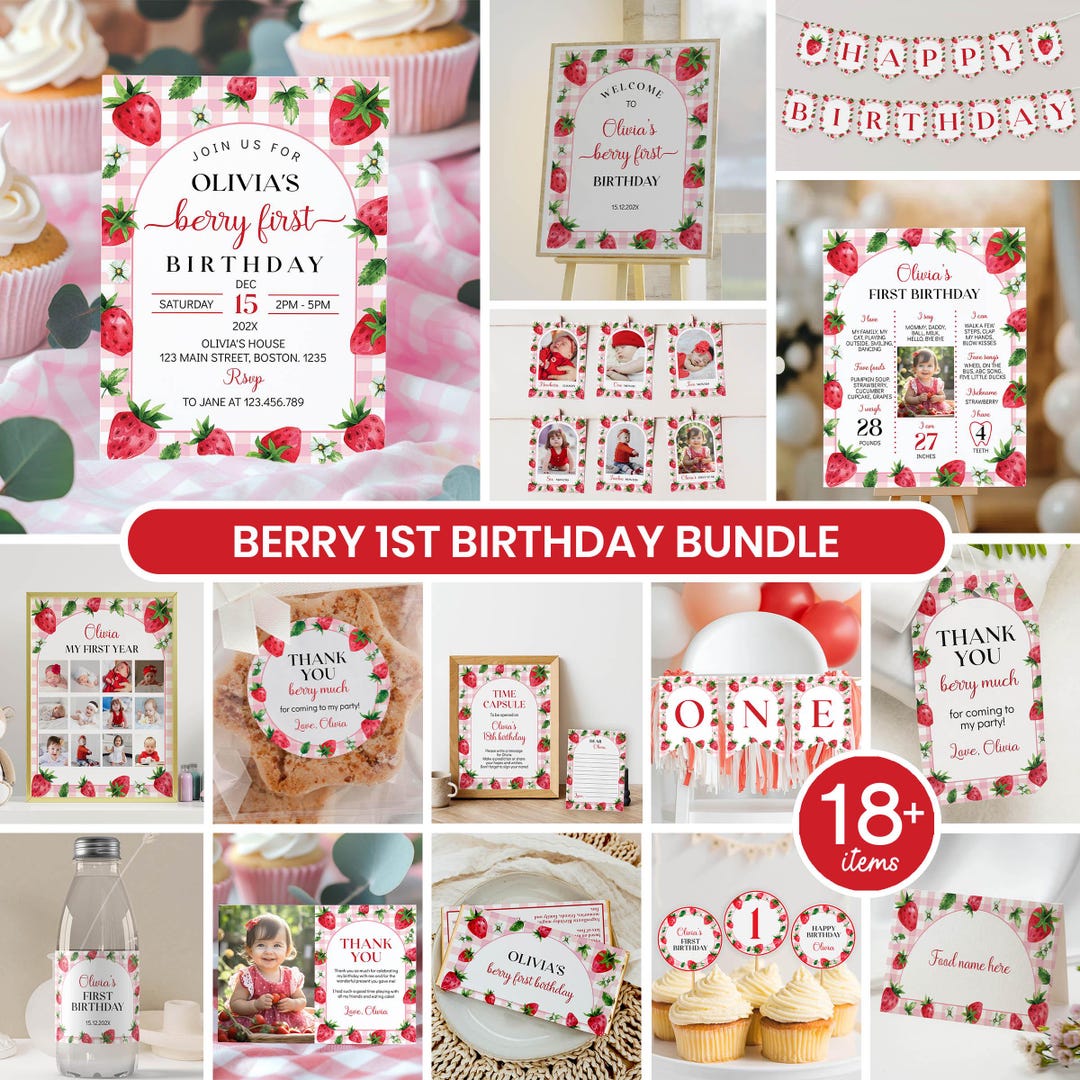 Berry First Birthday Party Bundle | Strawberry Theme 1st Birthday Decor ...
