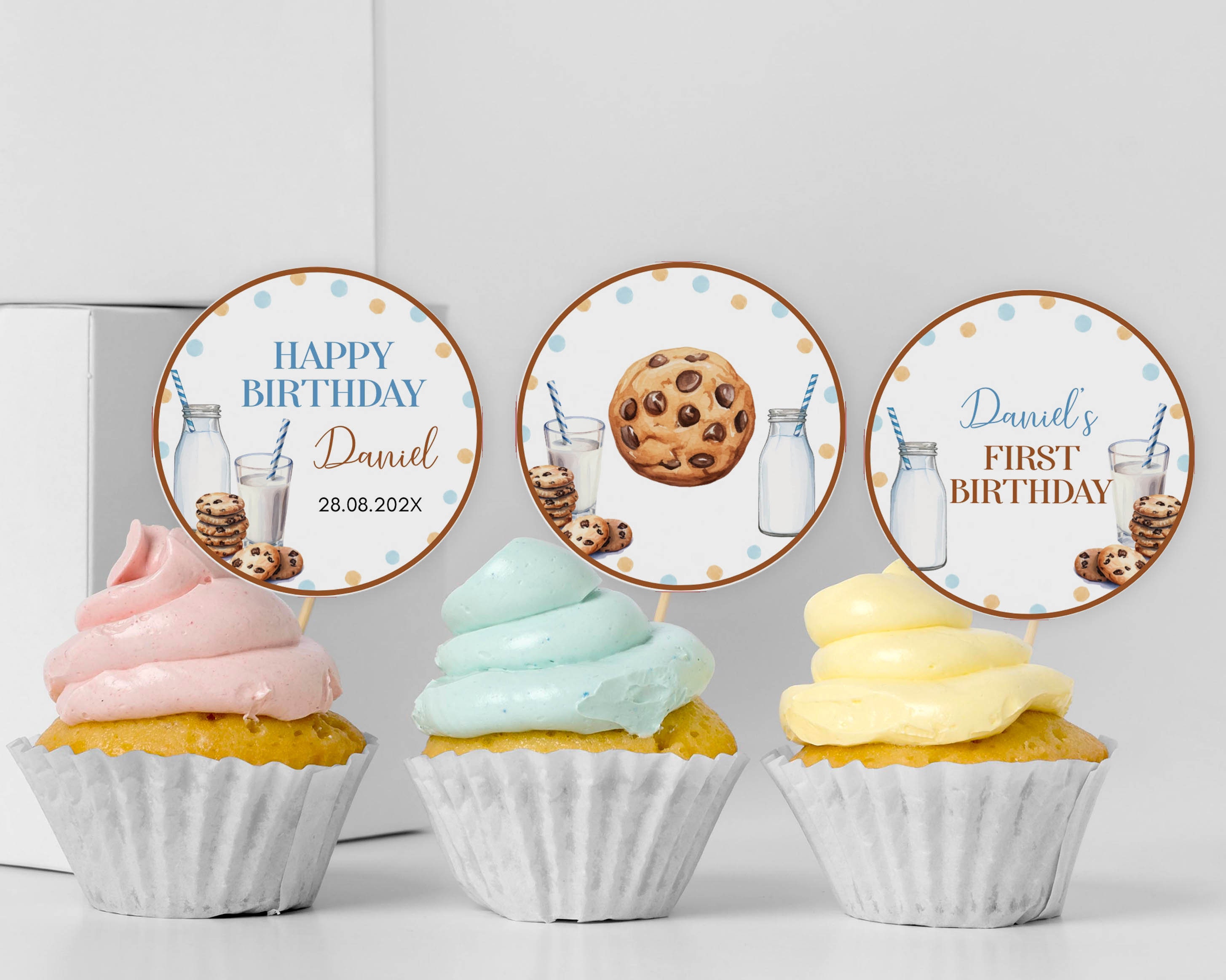 Editable Milk and Cookies Cupcake Topper, 1st Birthday Boy Cupcake ...
