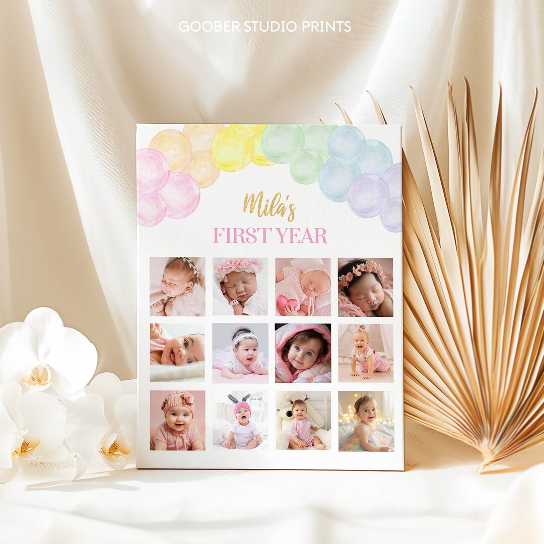 Editable First Year Photo Collage, 12 Month Photo Print, Girl First ...