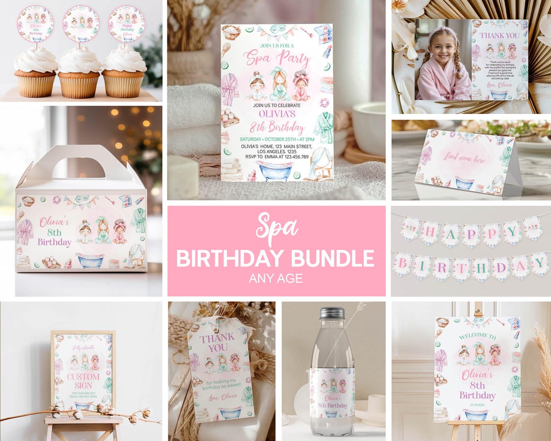 Spa Birthday Party Invitation Bundle, Editable Spa Party Complete Set ...