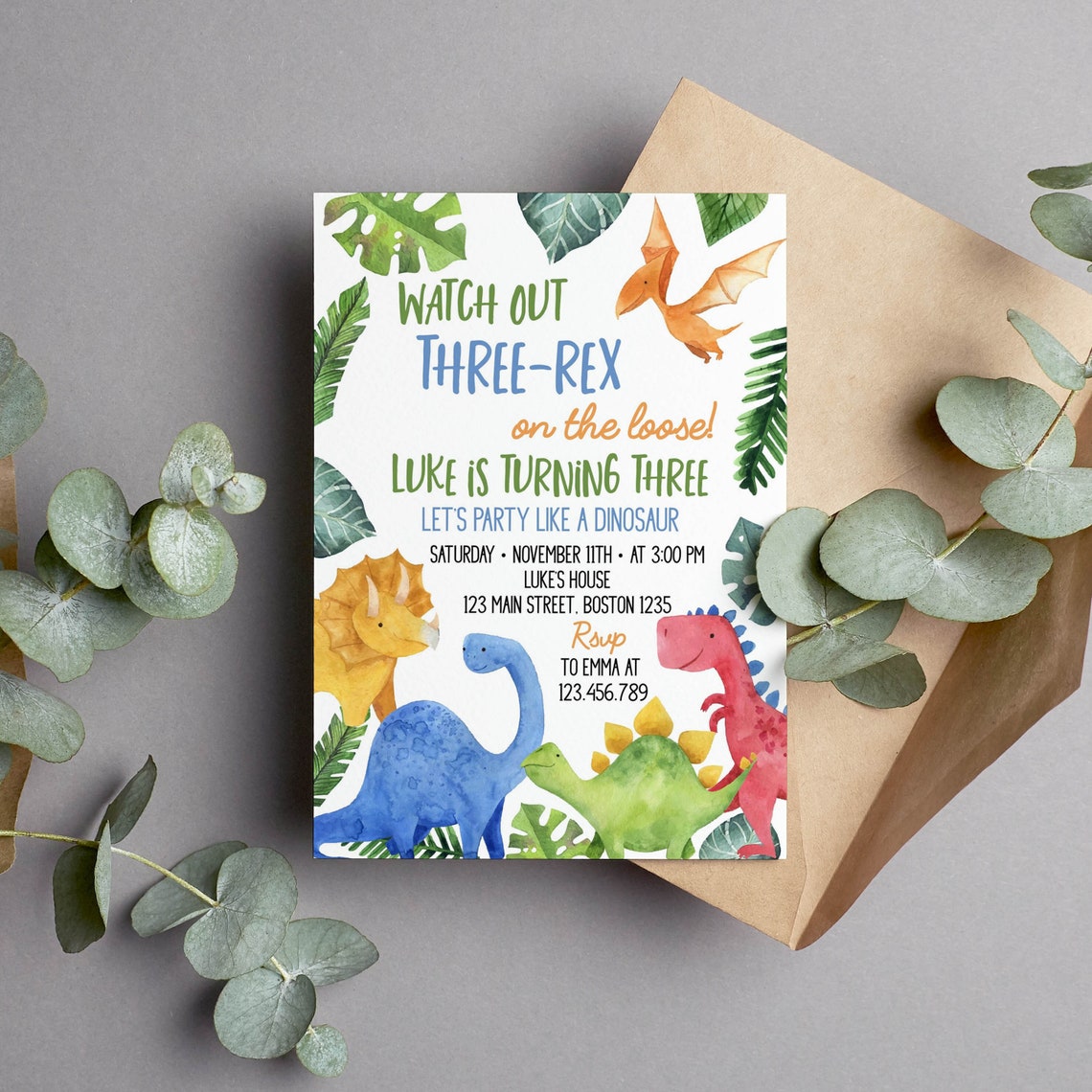 EDITABLE Dinosaur Birthday Invitation Three Rex Invitation - Etsy