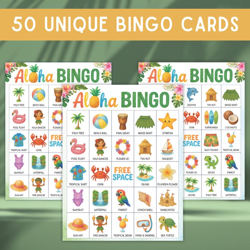 Aloha Bingo Game Printable, Hawaiian Bingo Cards, Tropical Party ...