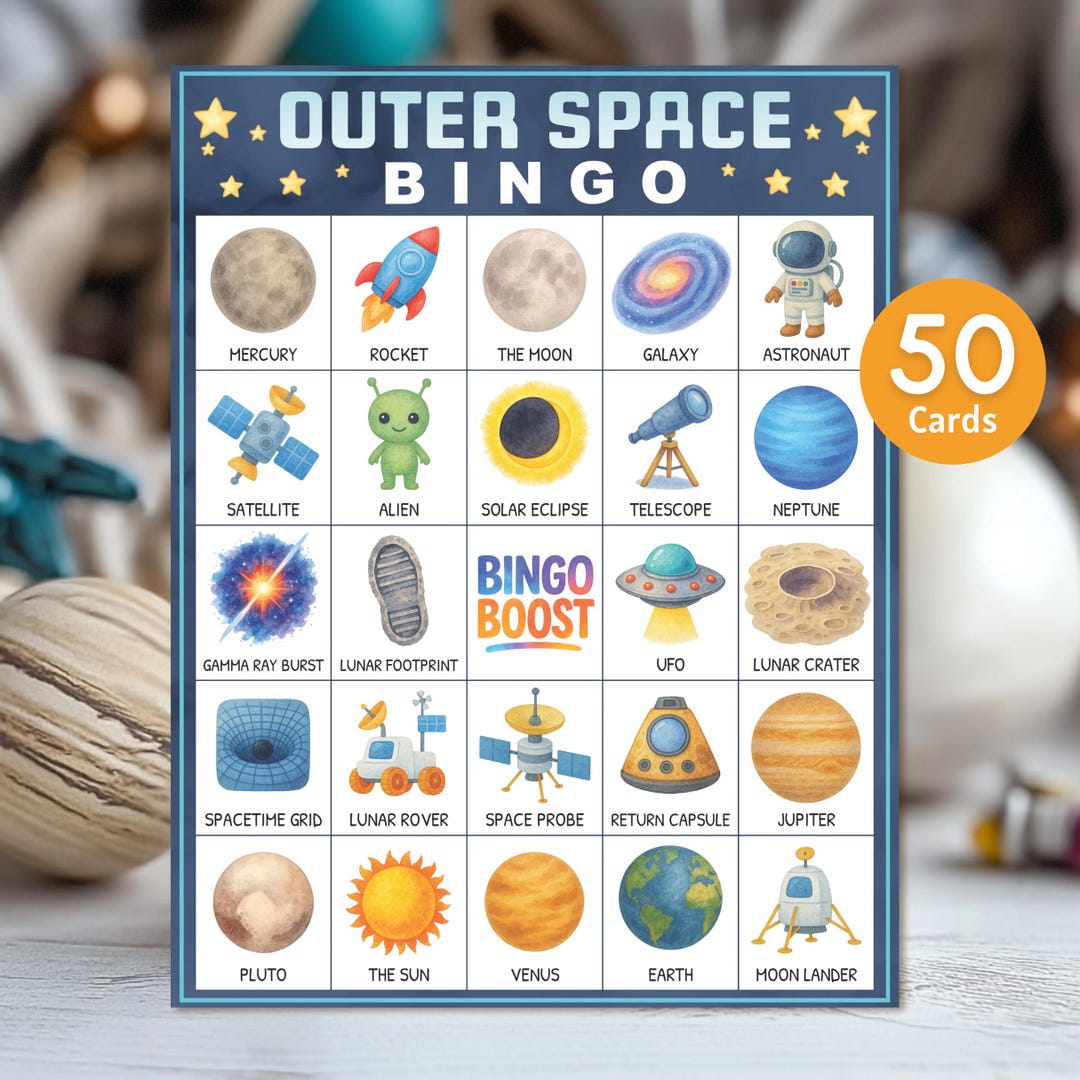 Outer Space Bingo Game Printable, Astronaut Party Activity, 50 Unique ...