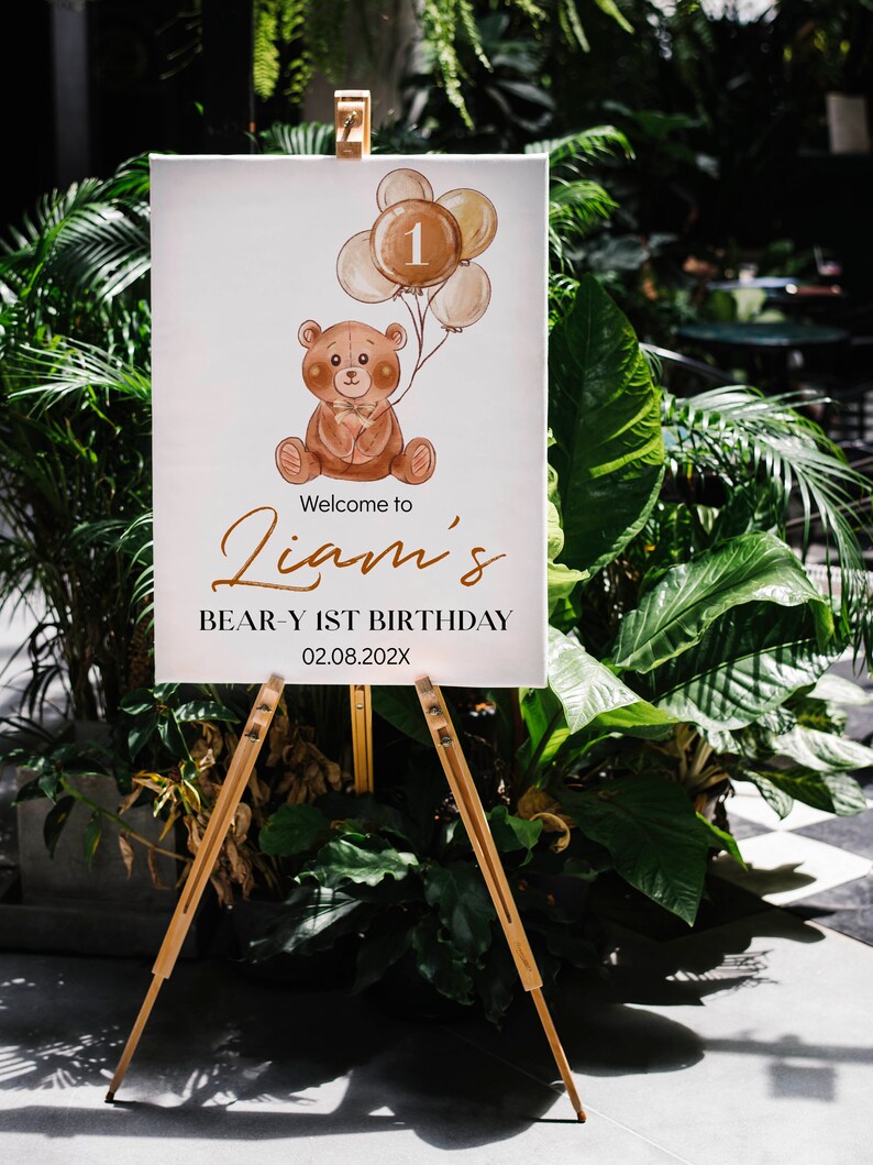 EDITABLE Beary First Birthday Welcome Sign Teddy Bear - Etsy