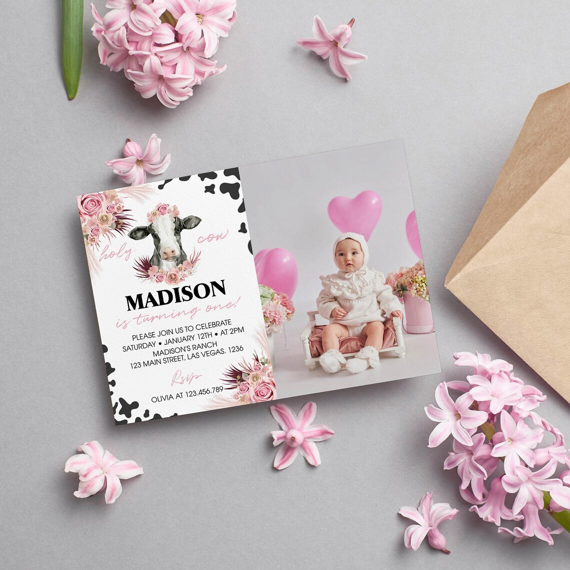EDITABLE Holy Cow I'm One Invitation, Boho Cow Invitation, Girl Farm ...