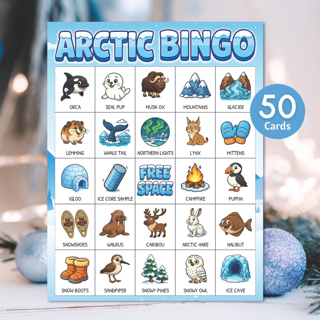 Winter Bingo, Arctic 50 Holiday Bingo Cards, Winter Wonderland Bingo ...