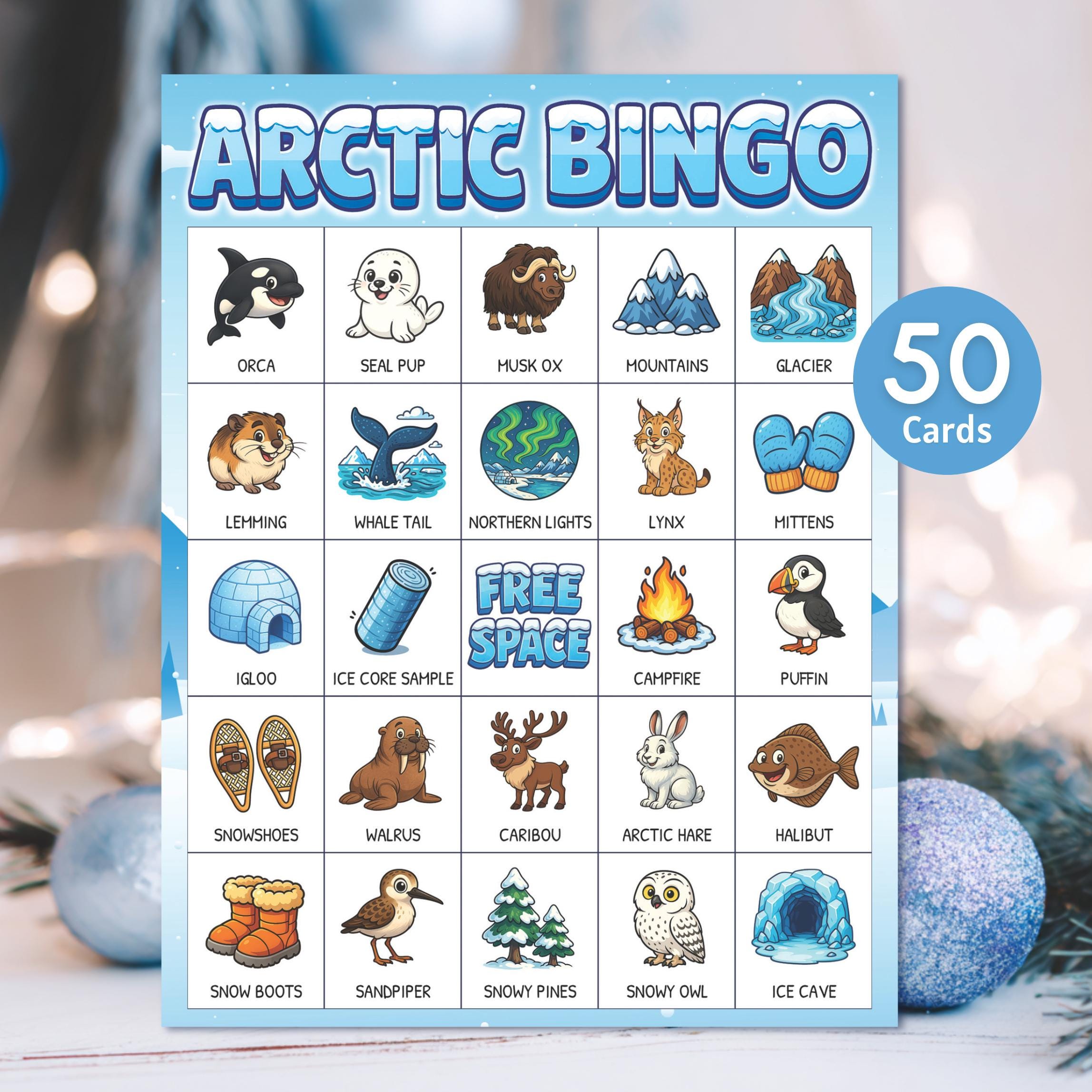 Winter Bingo, Arctic 50 Holiday Bingo Cards, Winter Wonderland Bingo ...