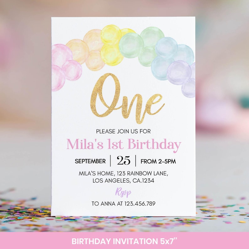 Pastel Rainbow 1st Birthday Invitation Bundle | Boho Rainbow Girl Party ...