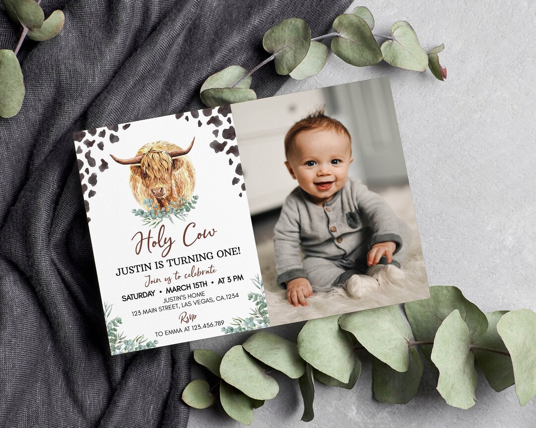 EDITABLE Holy Cow I'm One Invitation Cow First Birthday - Etsy