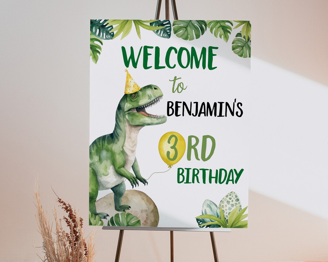 EDITABLE Dinosaur Birthday Welcome Sign, Three Rex Dinosaur Party Decor ...