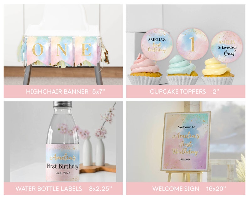 Editable Pastel Rainbow Birthday Invitation Bundle Watercolor - Etsy